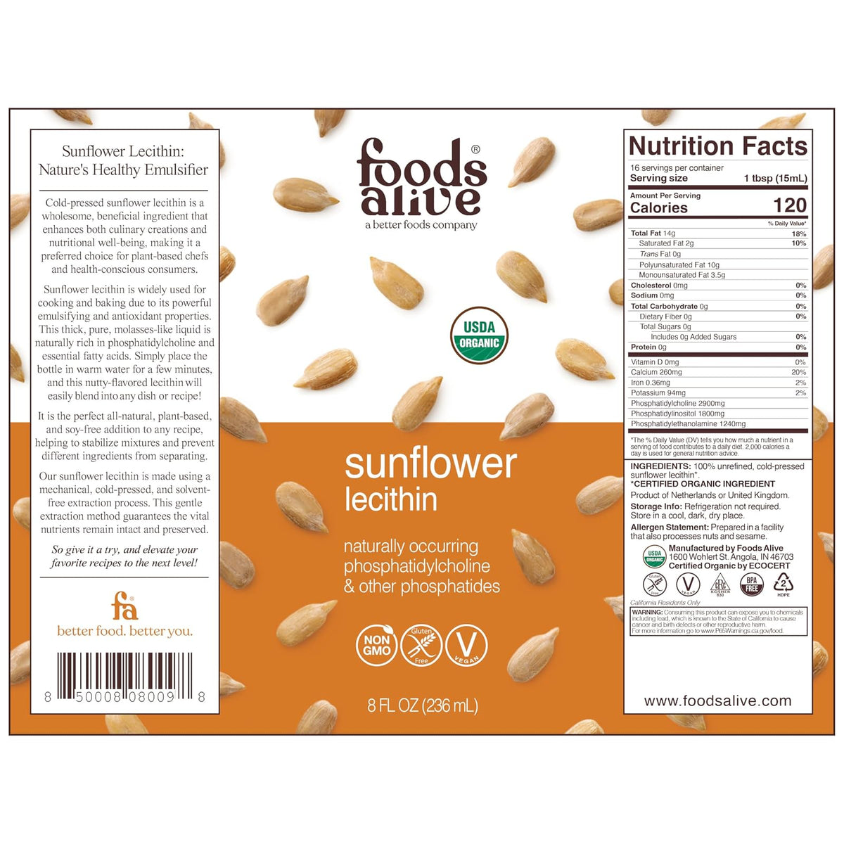 Organic sunflower lecithin for healthy cooking