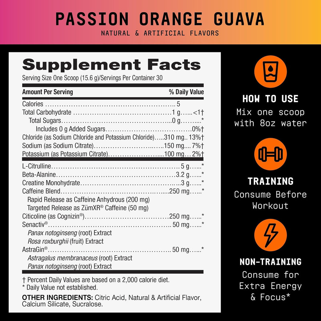 Passion Orange Guava pre-workout flavour