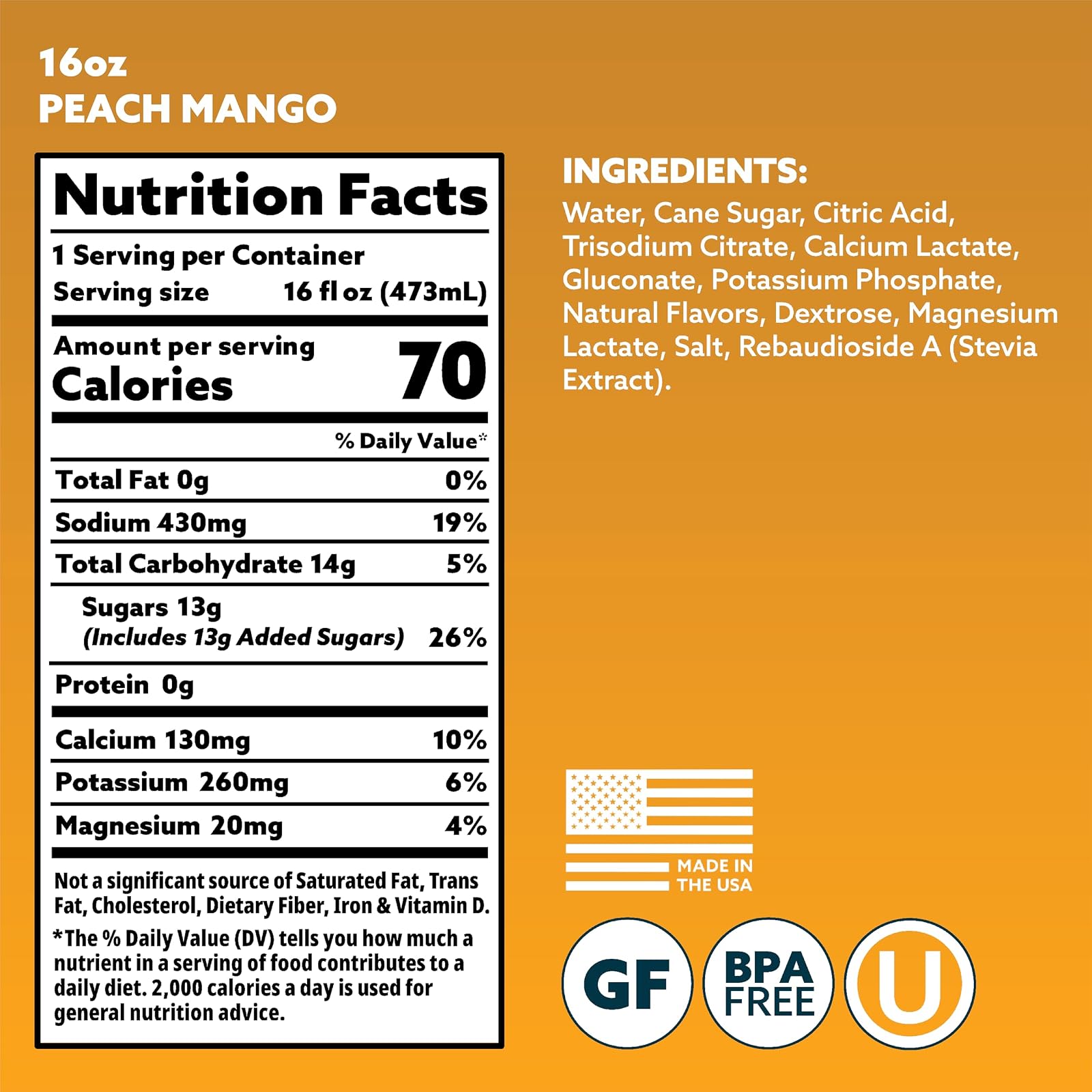 Peach mango electrolyte beverage 16 oz
