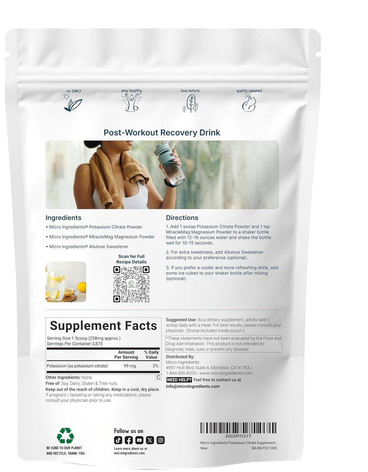 Potassium citrate powder for muscle recovery