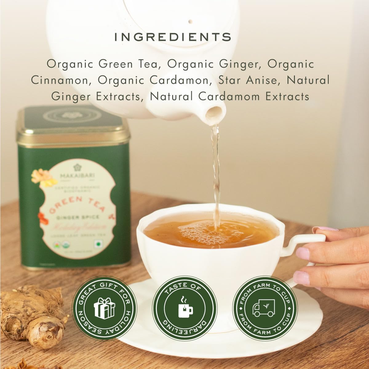 premium green tea in tin caddy