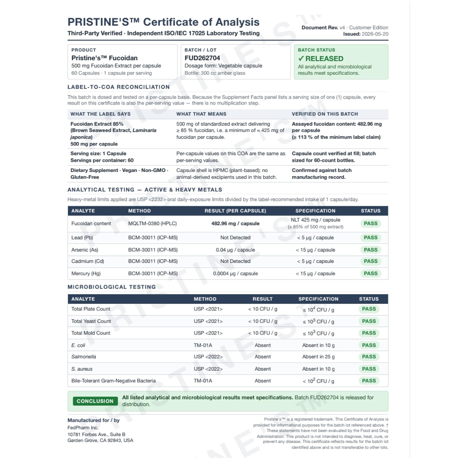 PRISTINE Fucoidan capsules for immune support