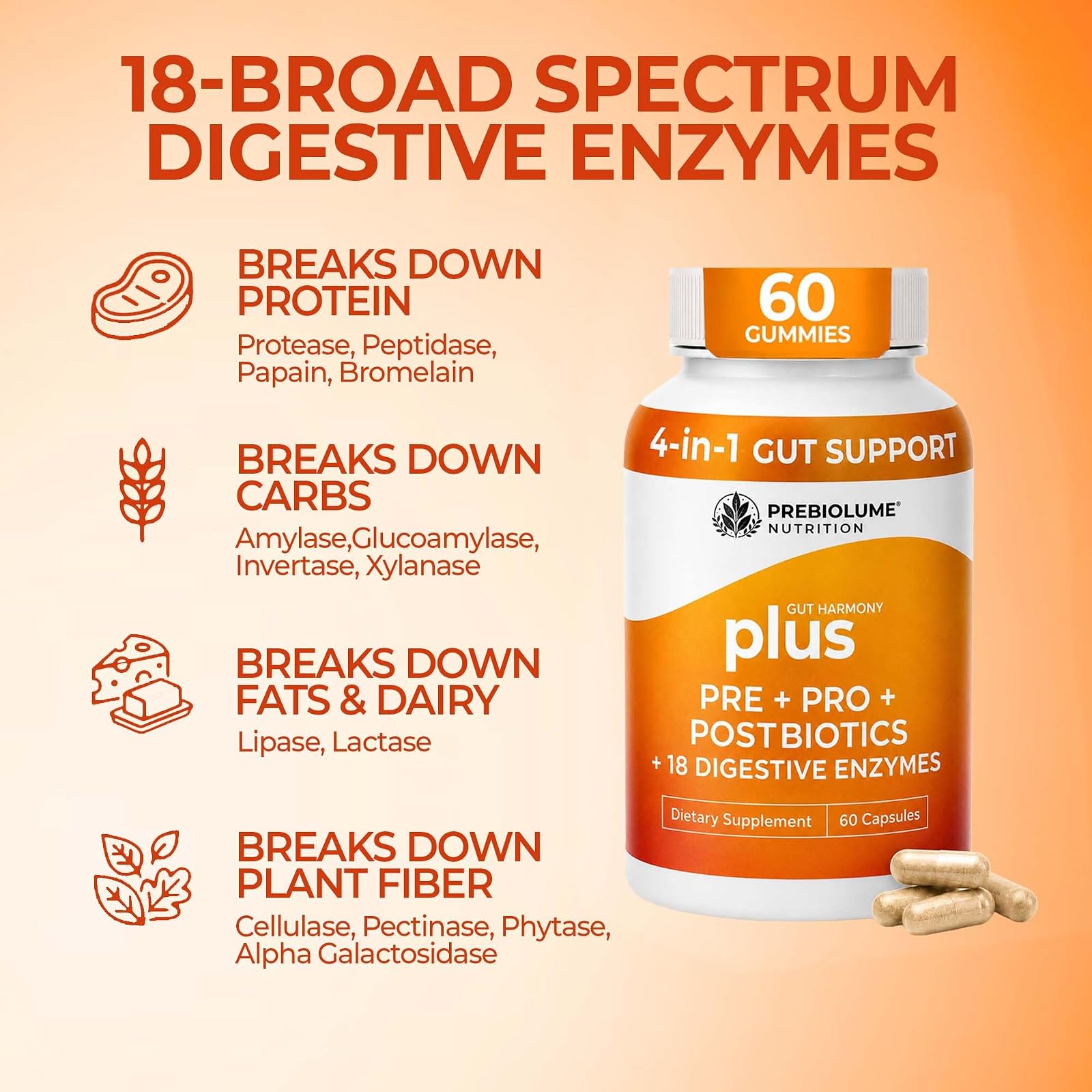 Probiotic capsules with 18 digestive enzymes