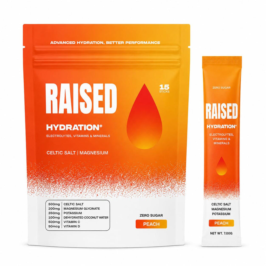 Raised Hydration+ electrolyte powder sticks