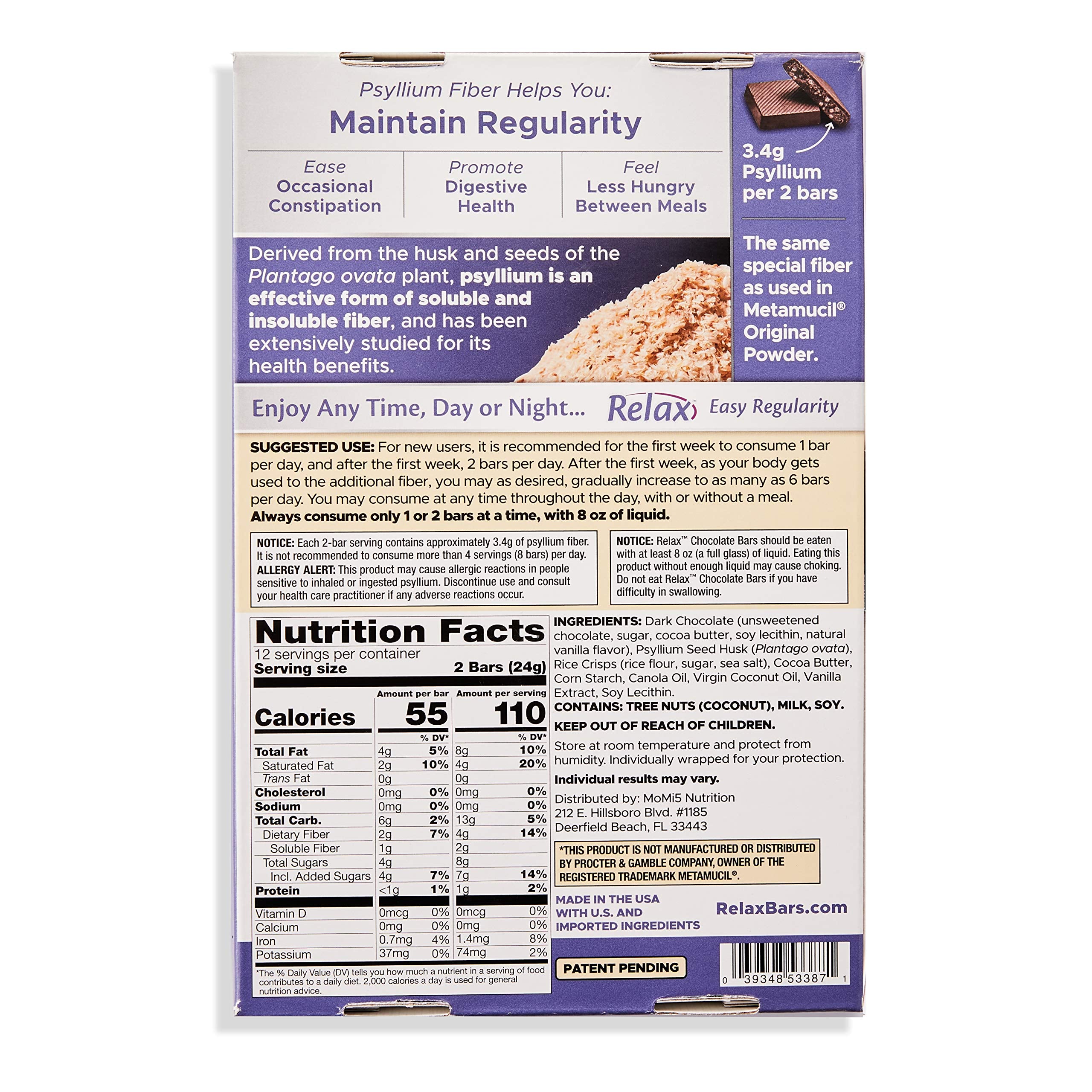 Relax chocolate bars with psyllium fiber