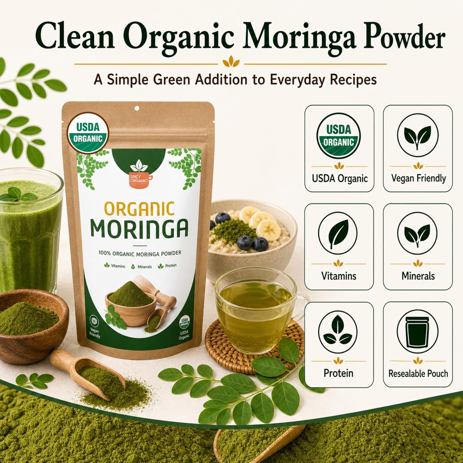 Resealable pouch for fresh Moringa