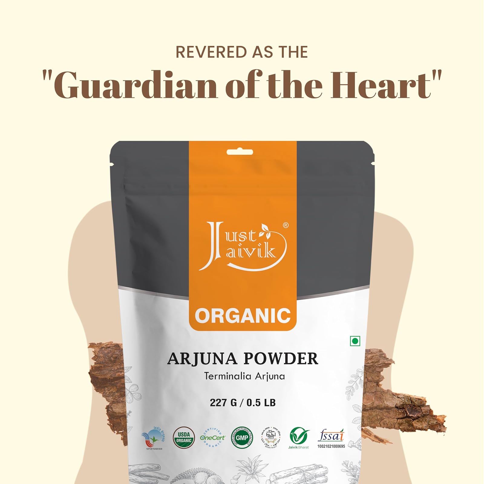 Resealable pouch of Arjuna bark powder
