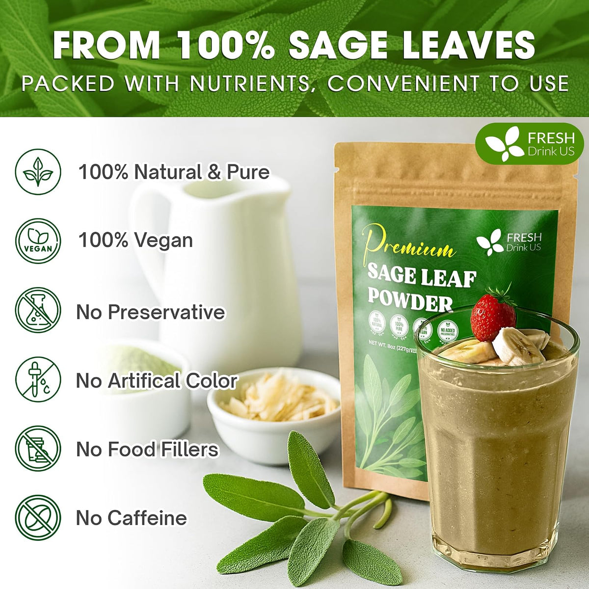 Resealable pouch sage leaf powder