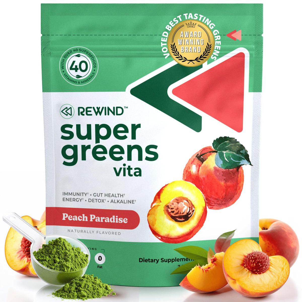 Rewind Super Greens Powder peach flavour