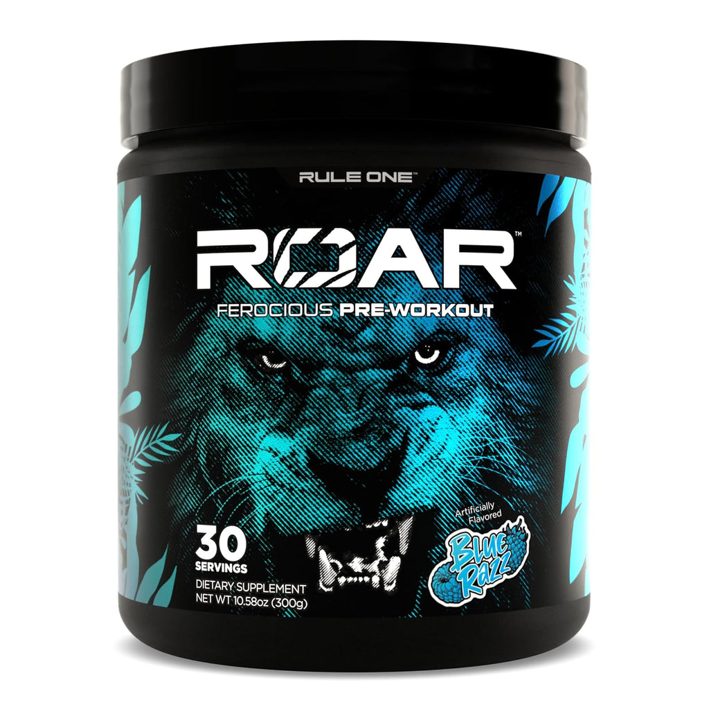 Rule 1 R1 Roar Blue Razz pre-workout powder