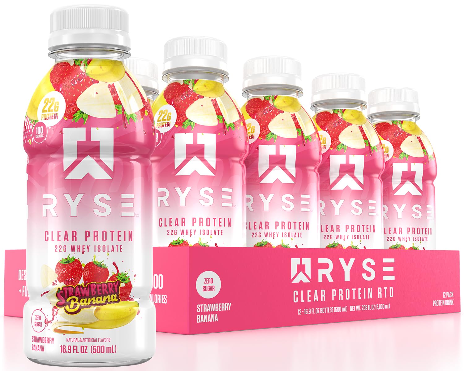 RYSE strawberry banana whey protein drink
