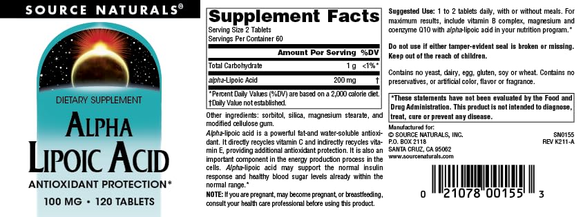 Source Naturals Alpha Lipoic Acid dosage