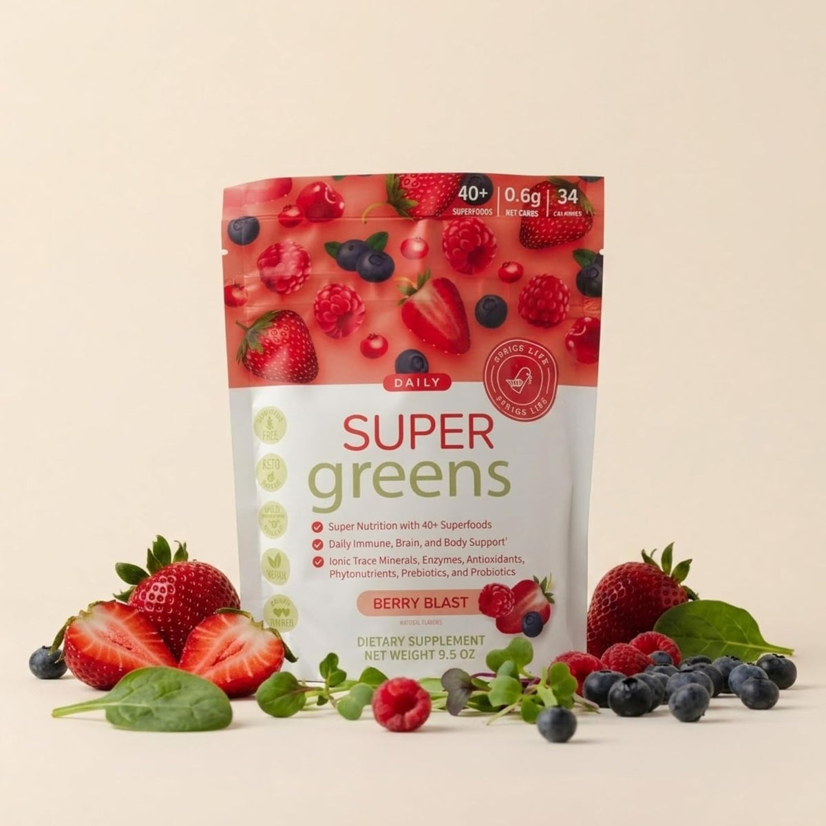 SPRIGS Daily Super Greens Powder Berry Blast nutrition boost