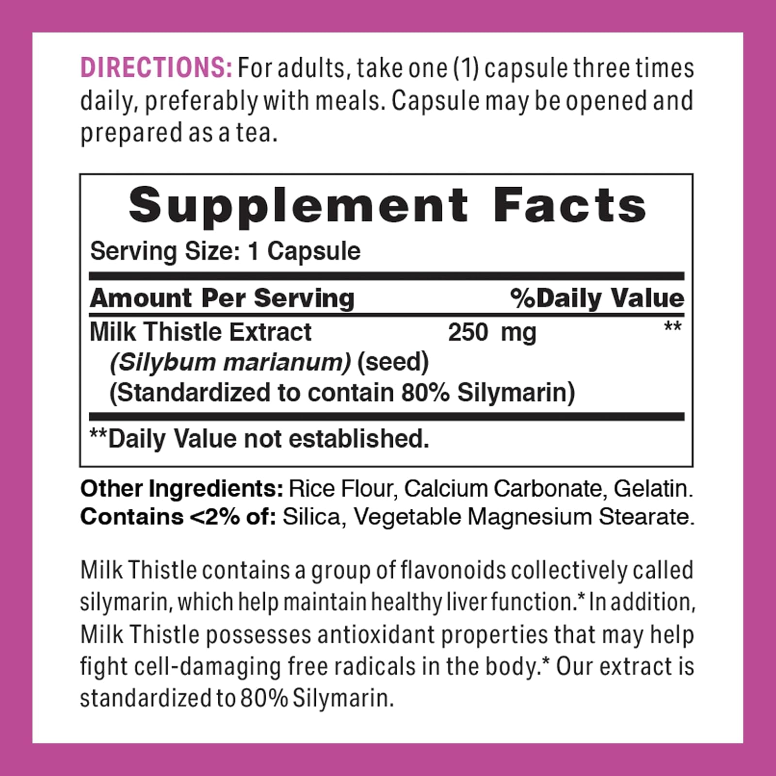 Standardized Milk Thistle capsules 250 mg