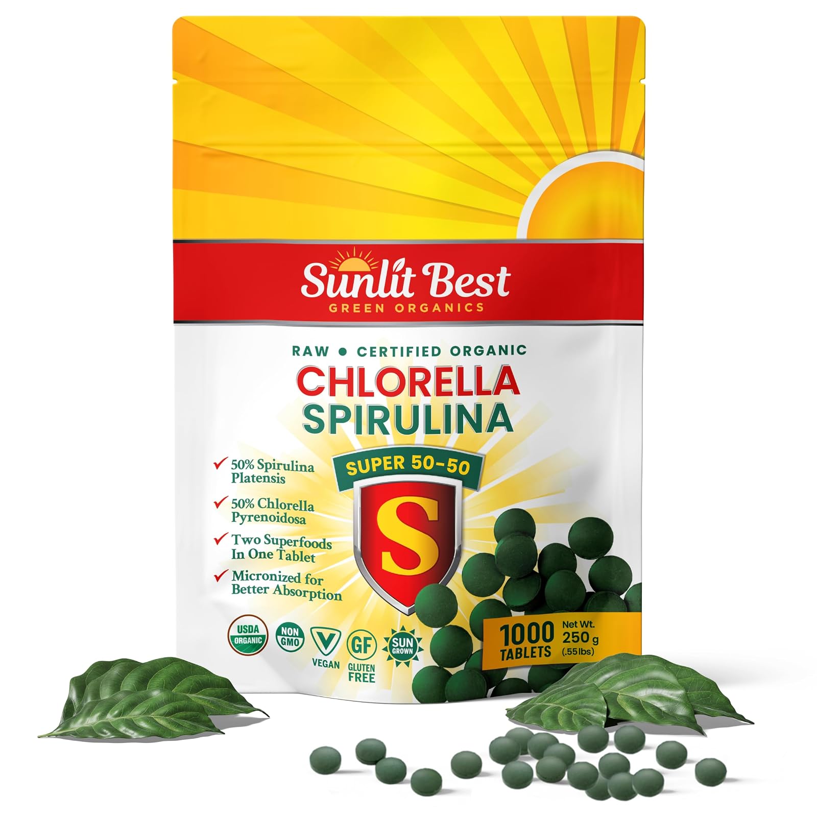 Sunlit organic chlorella spirulina tablets