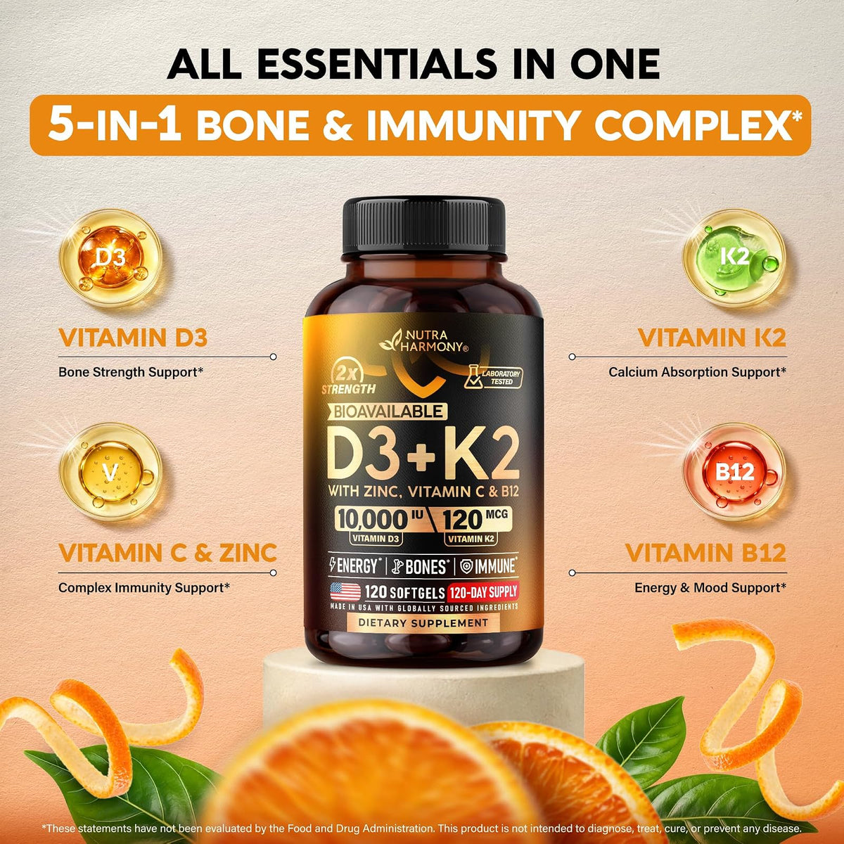 Supports bone health with Vitamin D3 K2