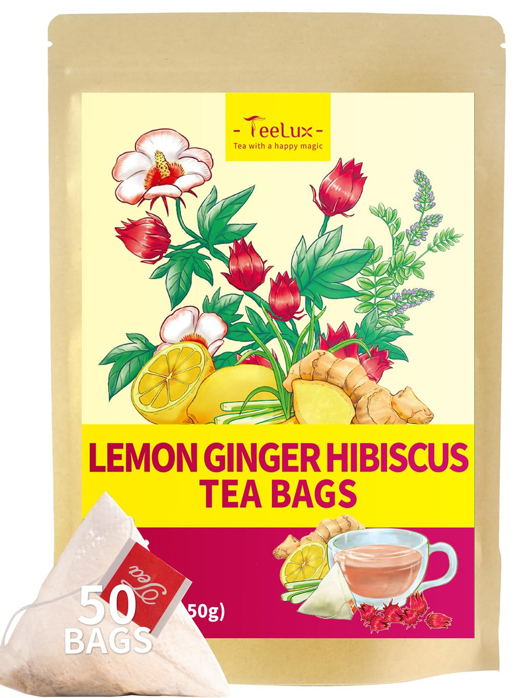 TeeLux lemon ginger hibiscus tea bags