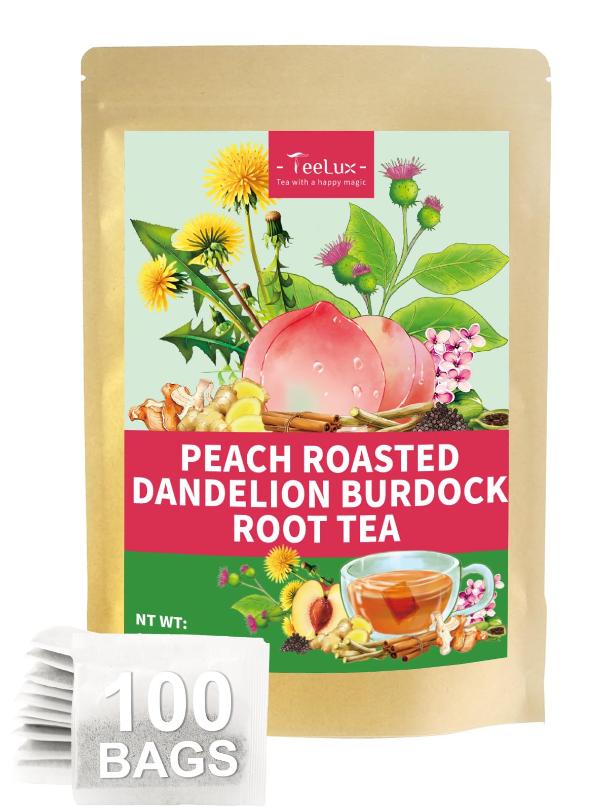 TeeLux peach dandelion burdock root tea bags