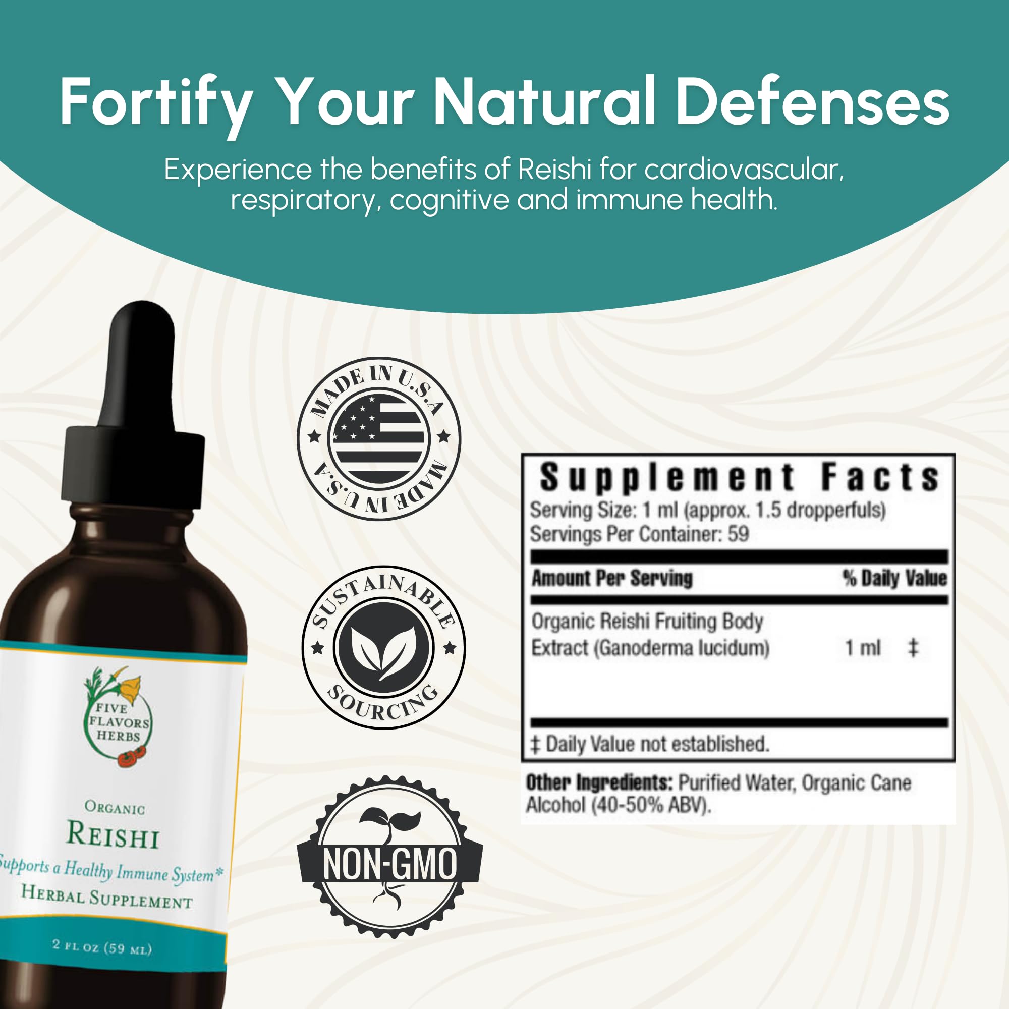 Two-ounce Reishi mushroom tincture bottle