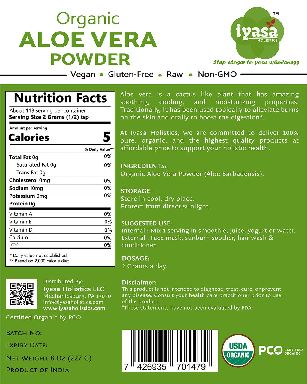 USDA certified aloe vera supplement