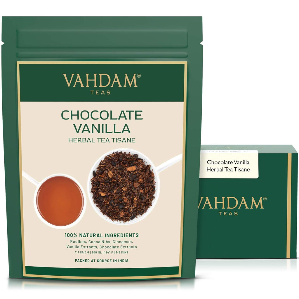 VAHDAM chocolate vanilla herbal tea blend