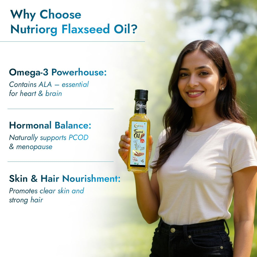 Vegan flaxseed oil in glass bottle