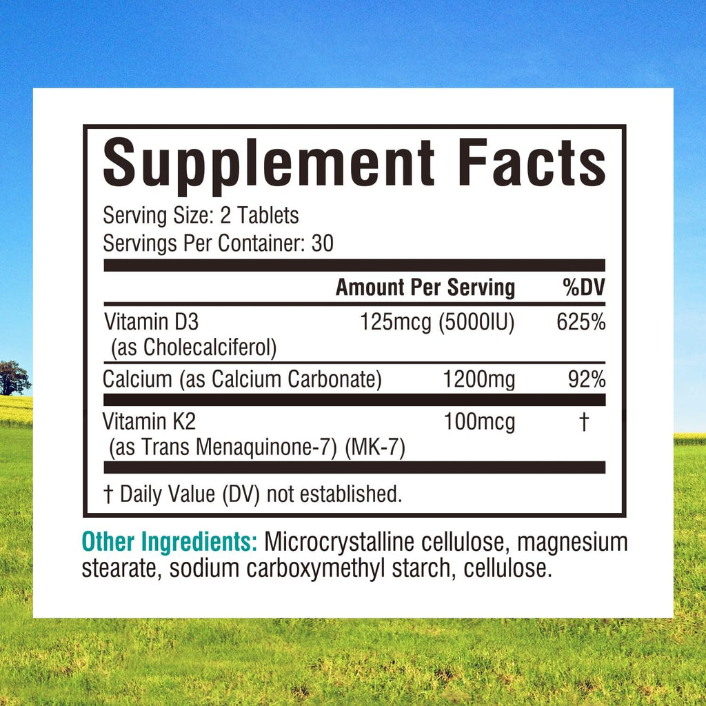 Vitamin D3 and K2 enriched calcium tablets