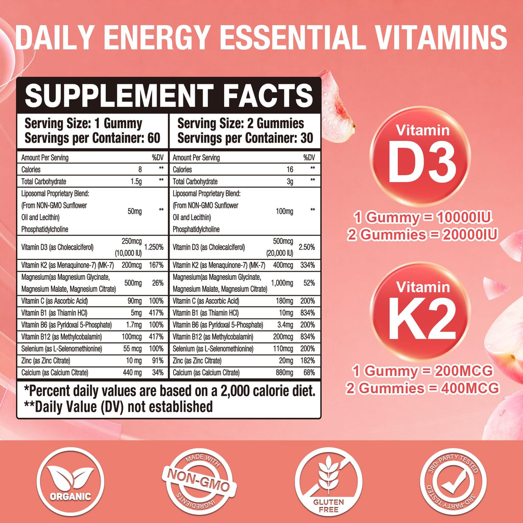 Vitamin D3 and K2 gummies for bone health