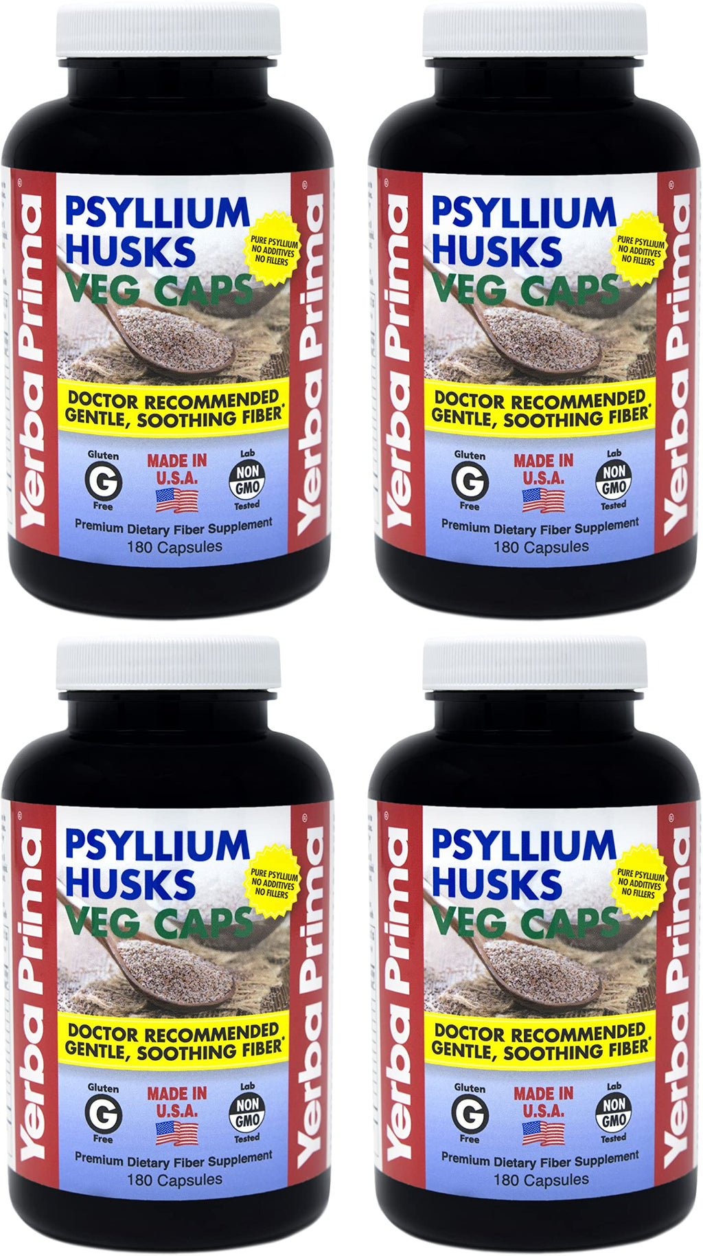 Yerba Prima Psyllium Husks Veg Caps - 180 Count (Pack of 4) - Vegan, Non-GMO, Gluten-Free Daily Fiber Supplement for Gut Health & Regularity - 1