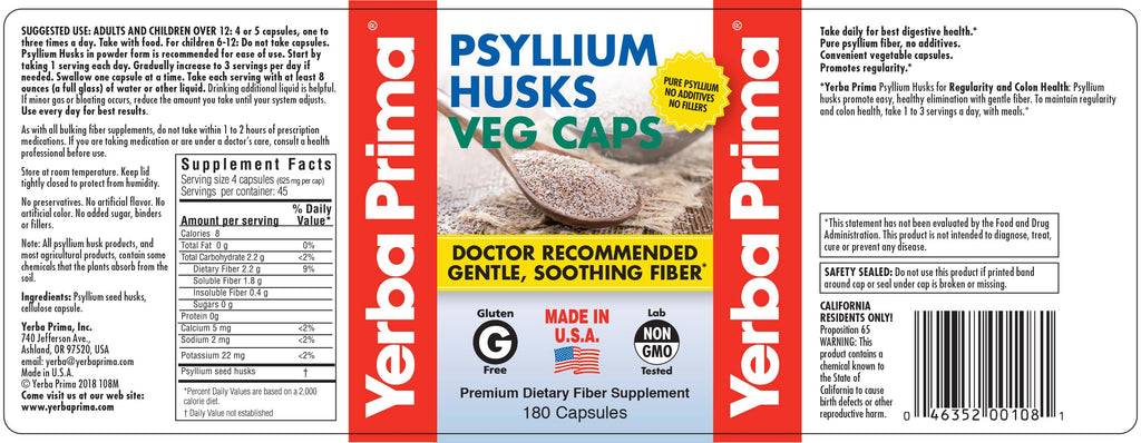 Yerba Prima Psyllium Husks Veg Caps - 180 Count (Pack of 4) - Vegan, Non-GMO, Gluten-Free Daily Fiber Supplement for Gut Health & Regularity - 6