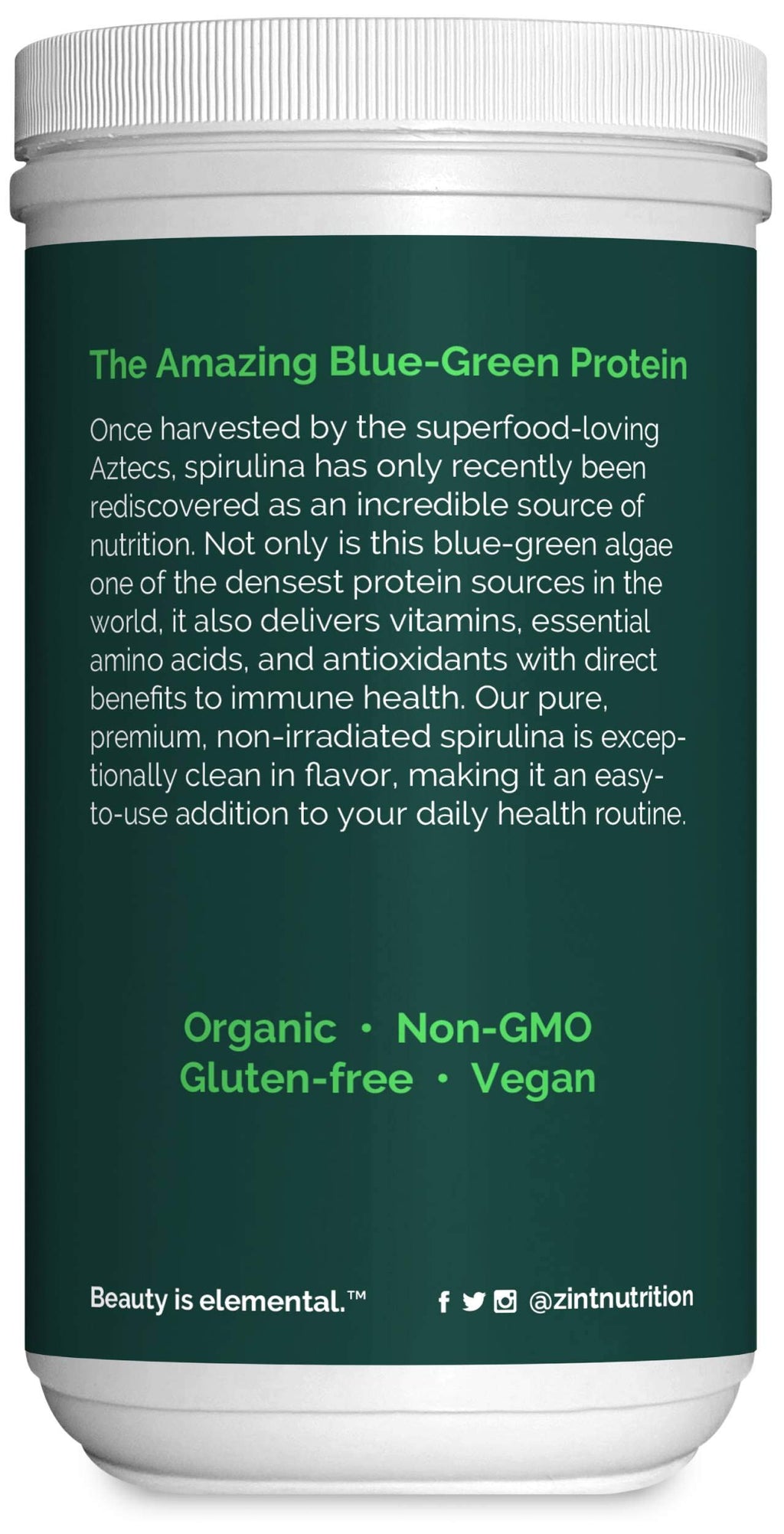 Zint spirulina for plant-based nutrition